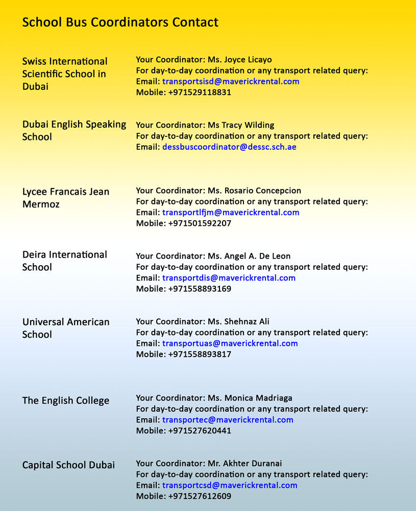 School Bus Coordinators Contact Details – Maverick Rental